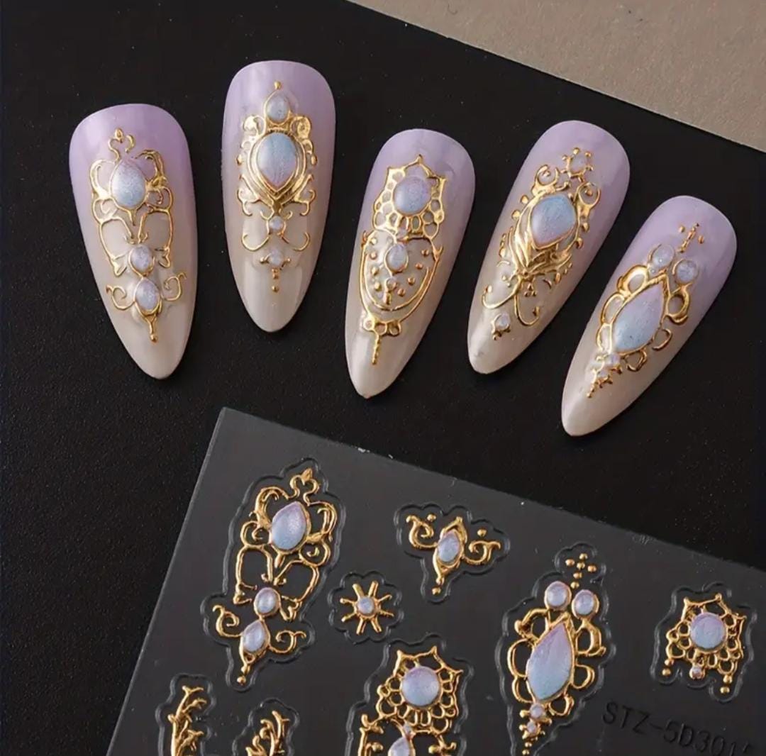5D Baroque Embossed Nail Art Stickers Luxury Golden Iridescent Layered ...