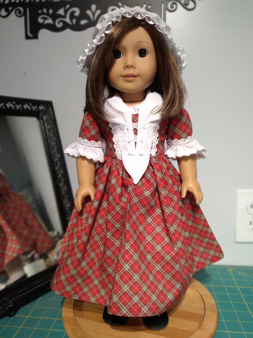 3 Piece Red Plaid Colonial Set, Dress, Cap and Fichu Fits 18 Inch Dolls ...