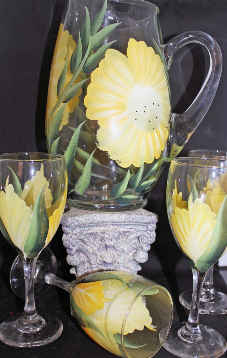 Hand Painted Glass Pitcher and Glasses Set 5 Pieces White Flowers ...