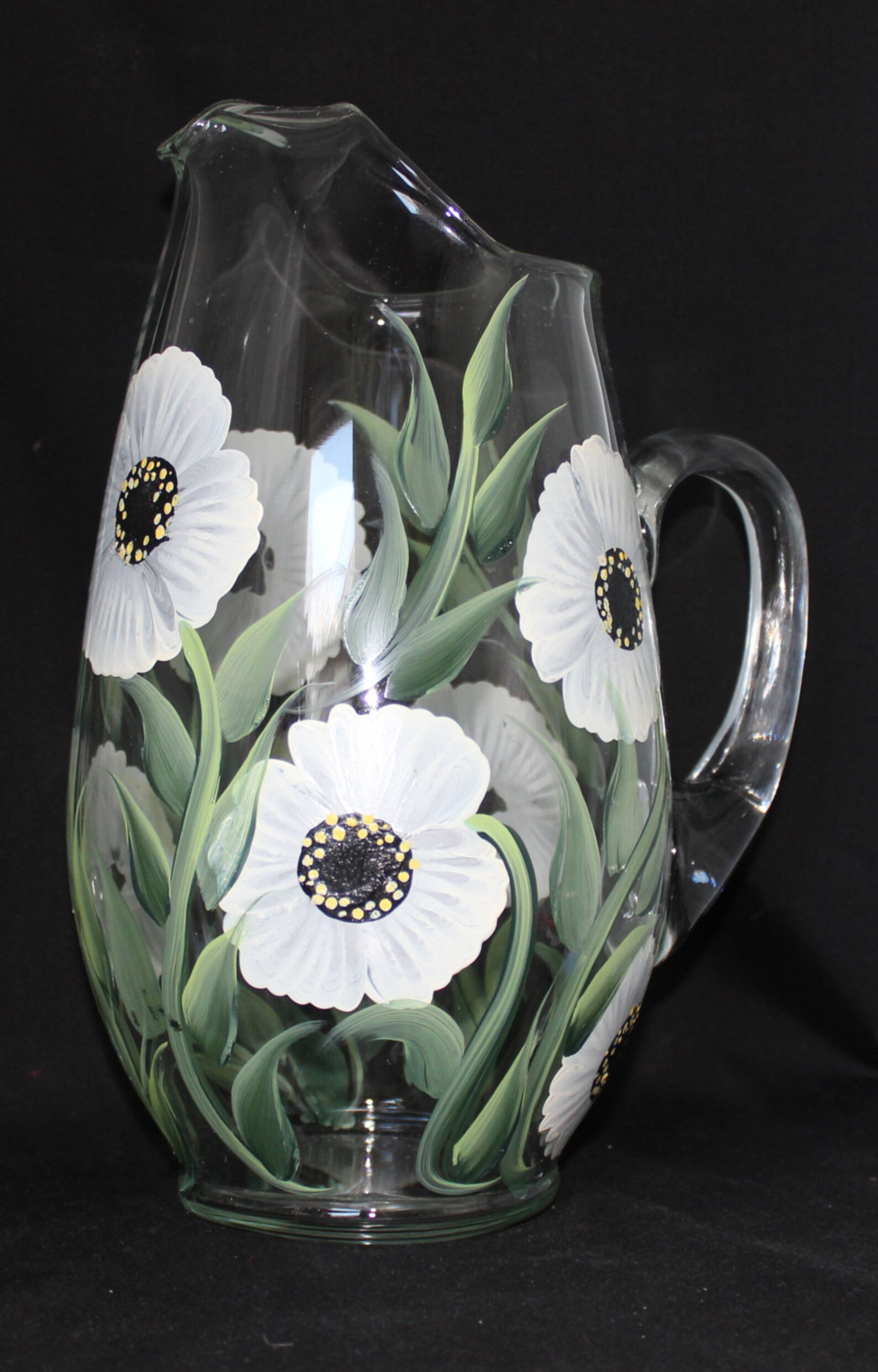 Hand Painted Glass Pitcher and Glasses Set 5 Pieces White Flowers ...