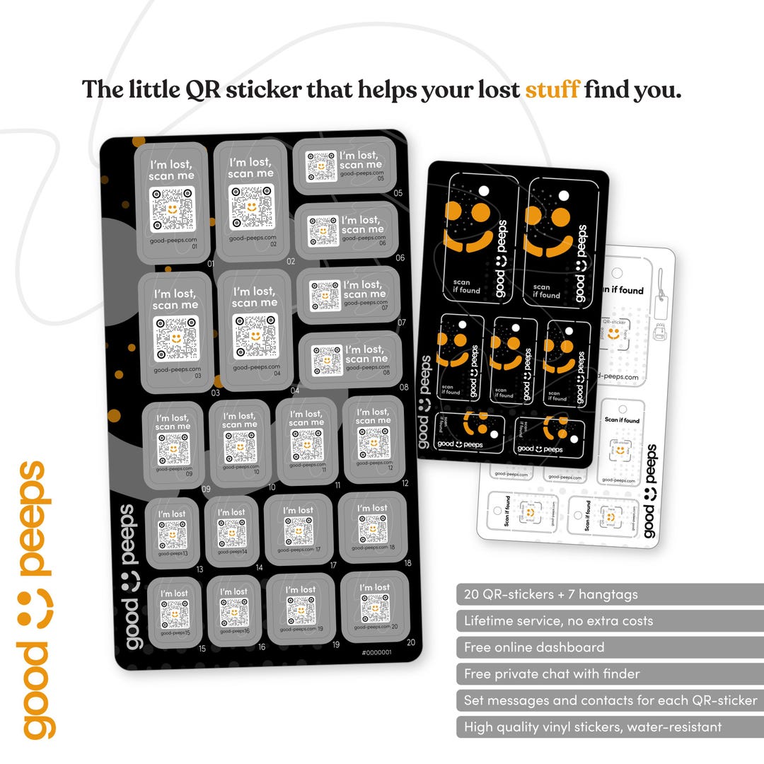 20 Charcoal Good Peeps Lost & Found Stickers and Tags - QR Labels for ...