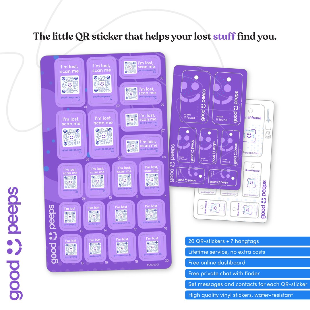 20 Purple Good Peeps Lost & Found Stickers and Tags - QR Labels for ...