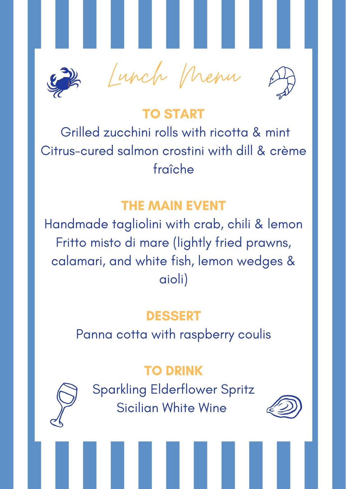 Seaside Seafood Dinner Menu (blue and White) - Summer Edition - Etsy