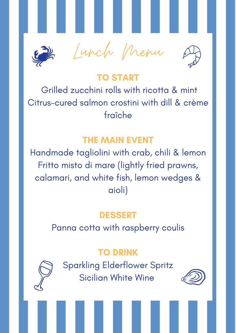 Seaside Seafood Dinner Menu (blue and White) - Summer Edition - Etsy