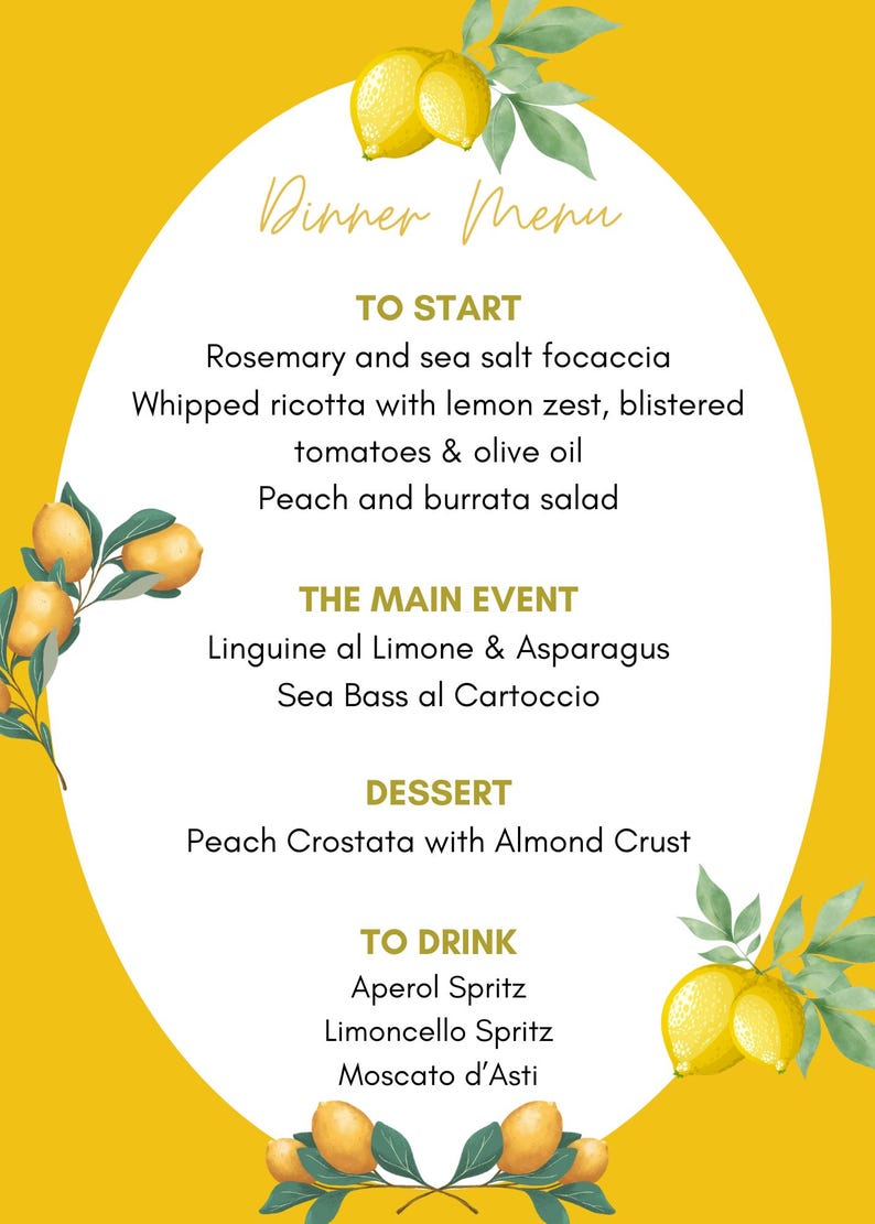 Italy-inspired Summer Dinner Menu Template – Lemons & Oranges - Etsy