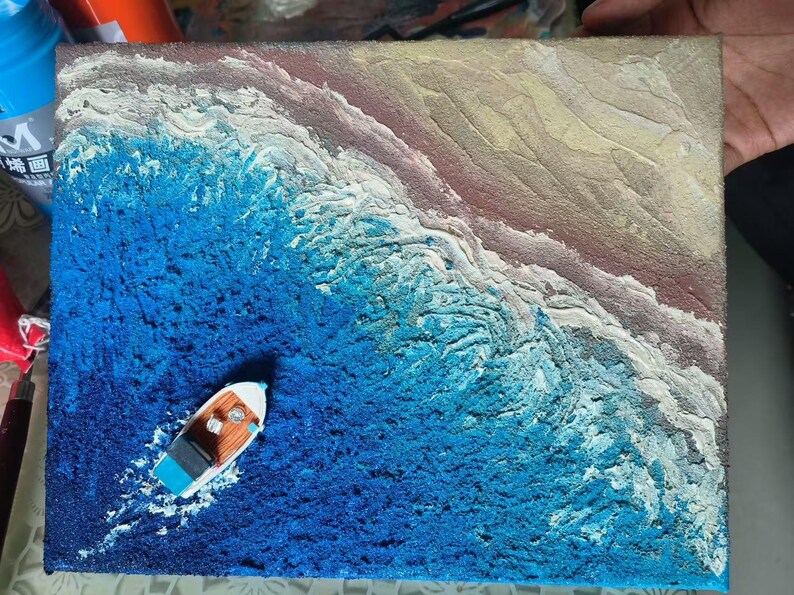 3D Textured Ocean Painting: Coastal Boat Art, Nautical Home Decor - Etsy