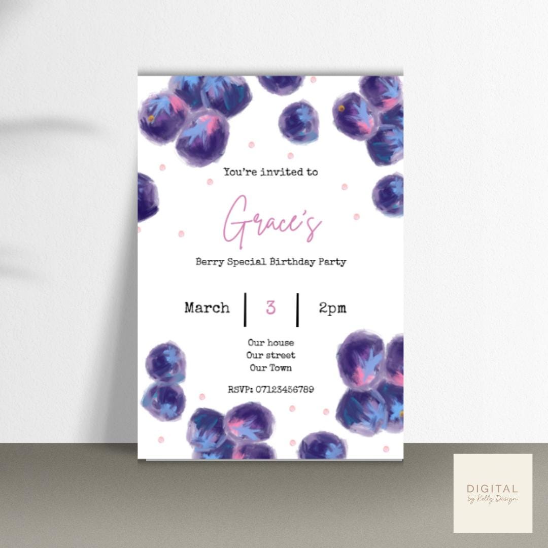 Editable Blueberry Birthday Invitation, Berry Sweet Party Invite ...