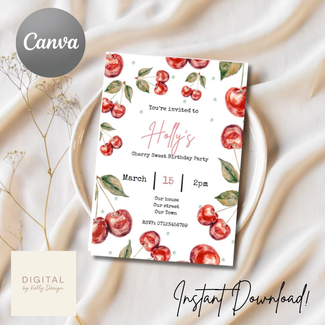 Editable Cherry Birthday Invitation, Sweet Cherry Theme, Instant ...