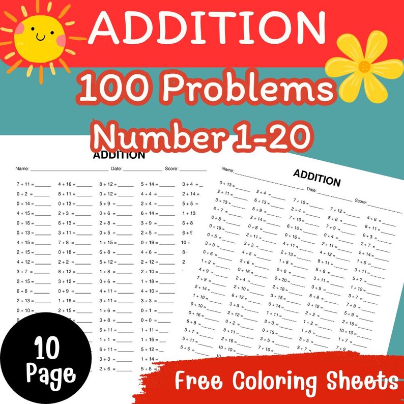 10 Printable Addition Worksheets | Fill in the Blanks | Single & Double ...