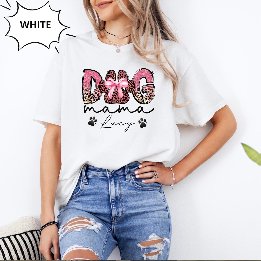 Pink Glitter Leopard Dog Mom Shirt, Custom Pet Name Tee With Bow Paw ...