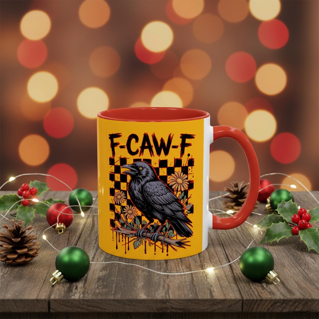 Funny F-CAW-F Crow Coffee Mug, Yellow Ceramic Cup, Raven Lover Gift ...