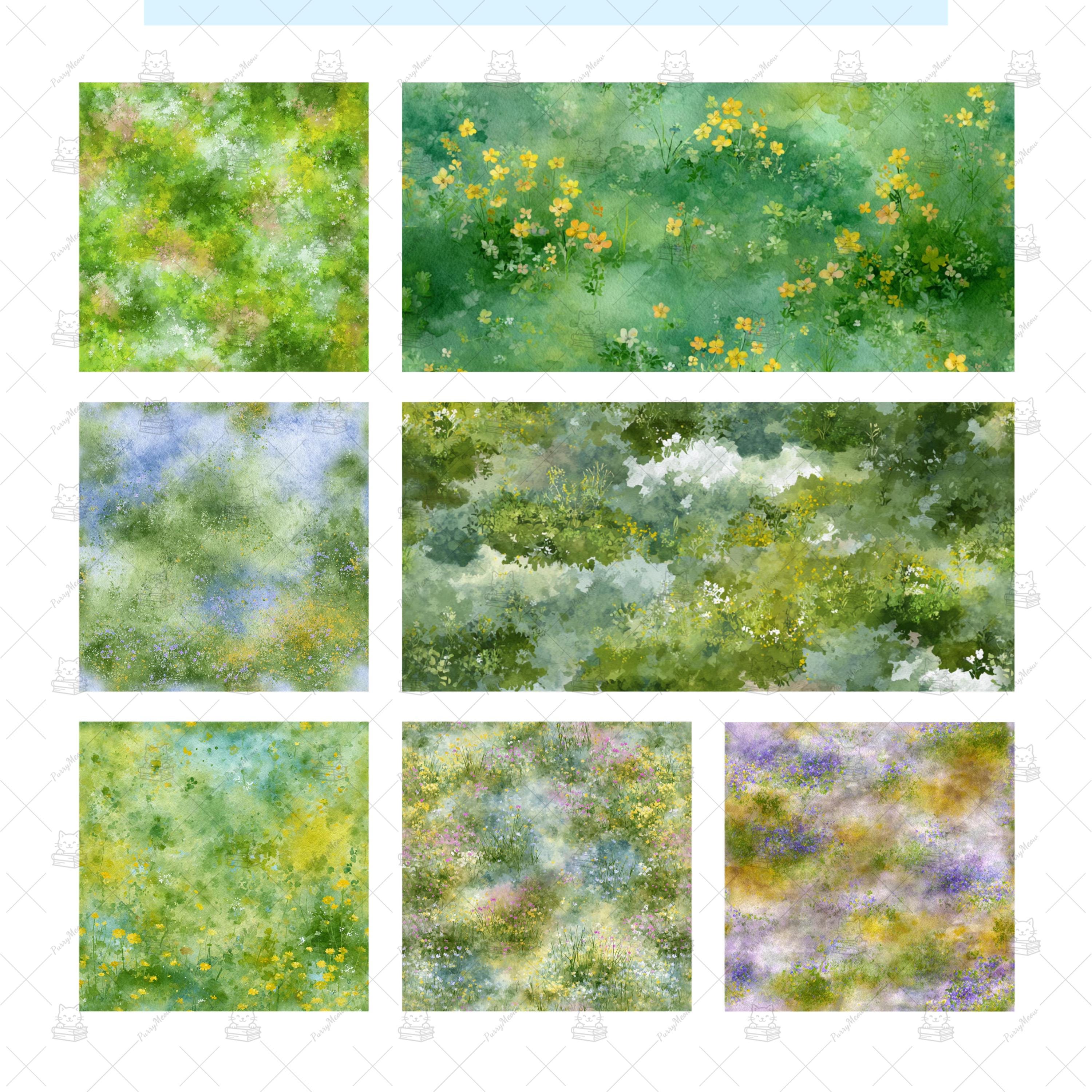 Meadow Seamless Texture Pack – 25 PNG + PAT Watercolor Grass Patterns ...