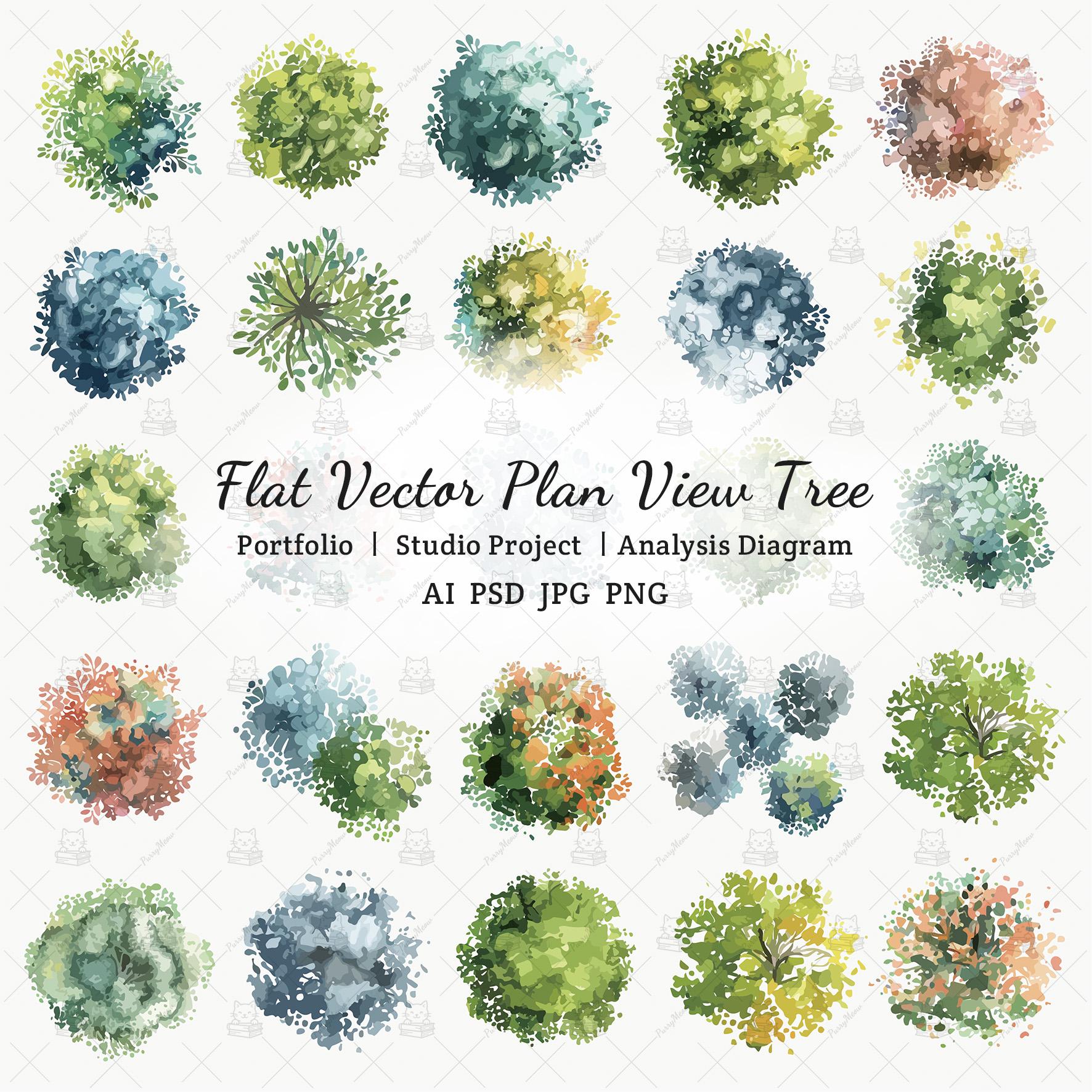 Top View Trees – Watercolor Plan Vector Set AI PSD PNG Jpg | Landscape ...