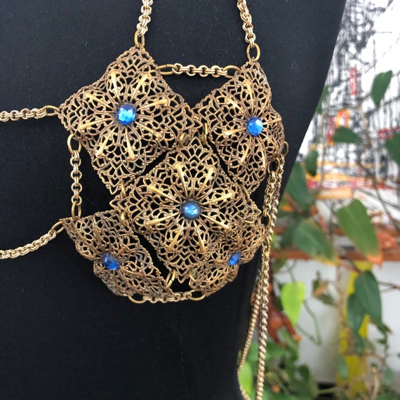Gold metal bra -Brass chain bra vintage bra- filigree… - Gem