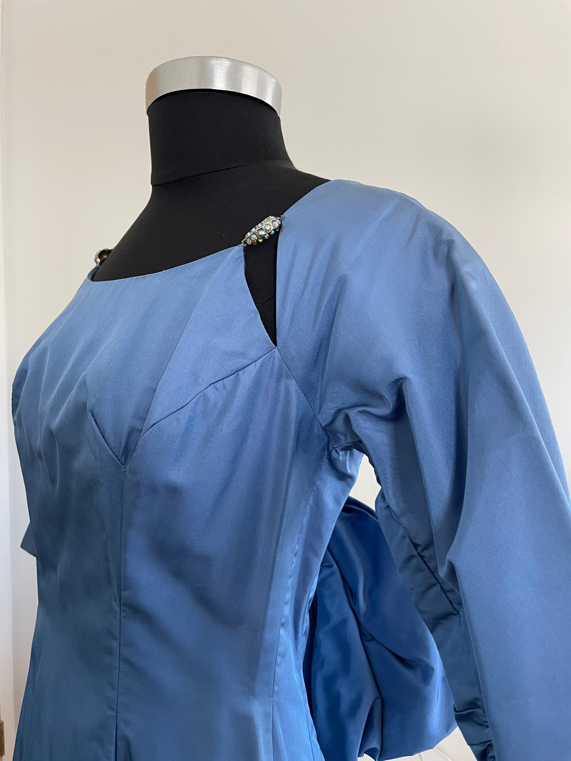 1950s Vintage Blue Dress - Cut Out Shoulder 1960s - Bow Back - Deep V ...