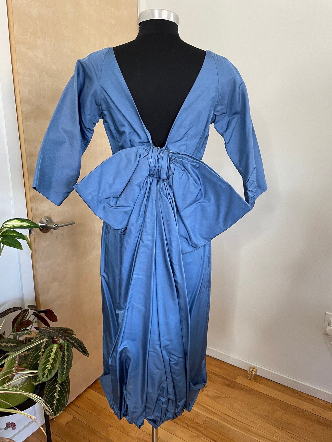 1950s Vintage Blue Dress - Cut Out Shoulder 1960s - Bow Back - Deep V ...