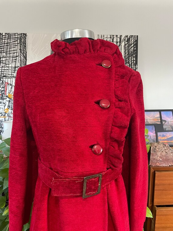 1960s Red Duster Coat opera - Ruffled Collar - Pocket… - Gem