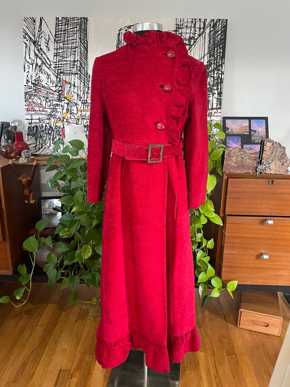 1960s Red Duster Coat opera - Ruffled Collar - Pocket… - Gem