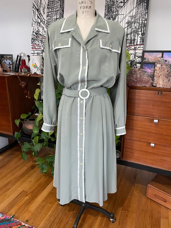 Lilli Ann Dress Button Down 1980s Pockets Green / Shi… - Gem