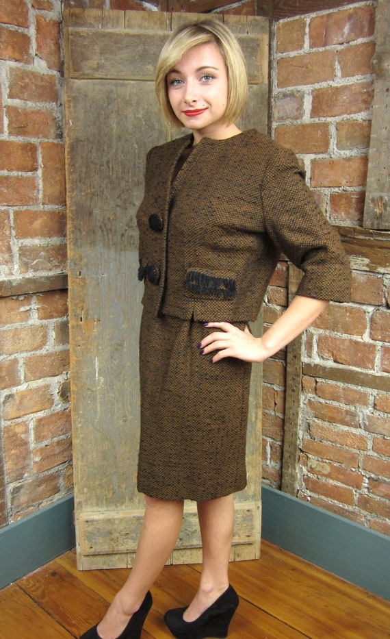 1960s Suit/ Brown Tweed Suit/ Skirt Jacket Suit Secre… - Gem
