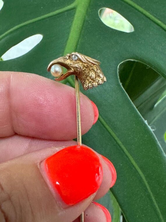 14k Gold Bird Stick Pin Antique Eagle Pearl Diamond - Gem