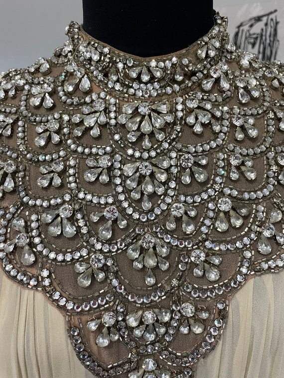 Alfred Bosand Cream Silk Chiffon Trapeze Gown Rhinest… - Gem