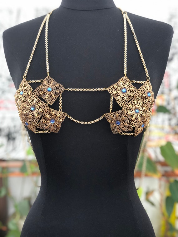 Gold metal bra -Brass chain bra vintage bra- filigree… - Gem