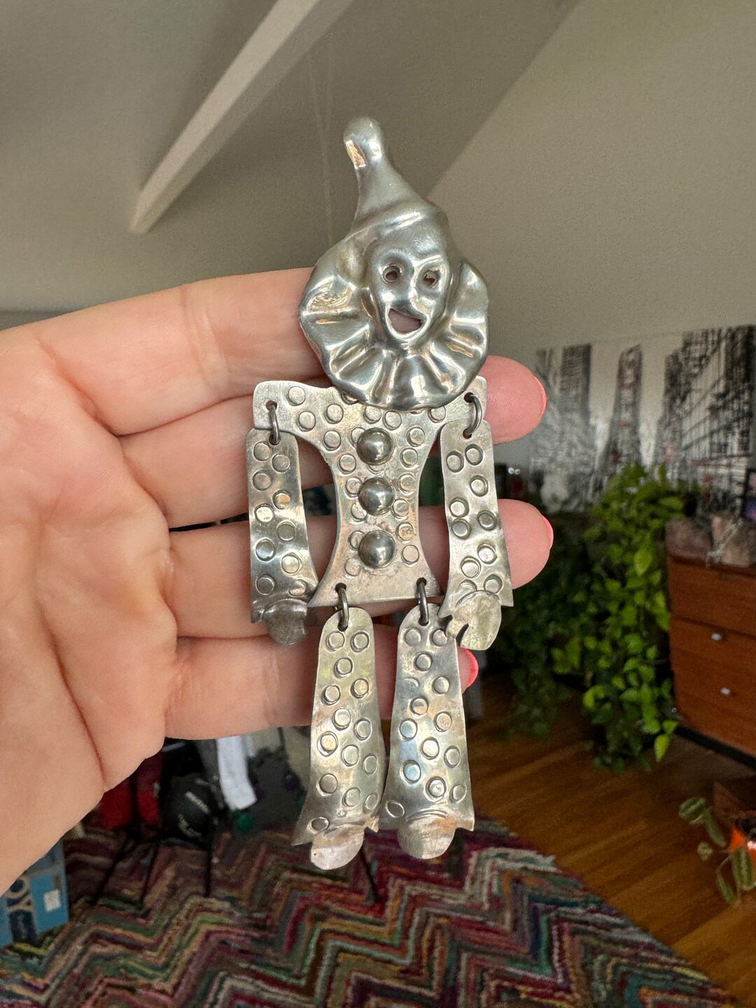 Sterling Silver Clown Pin - Articulated Brooch - Vintage Large Mexico ...
