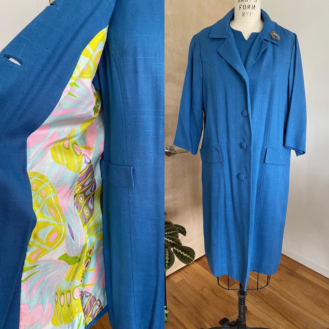 1960s Vintage Blue Flower Suit Dress Jacket - Flower Power Coat ...