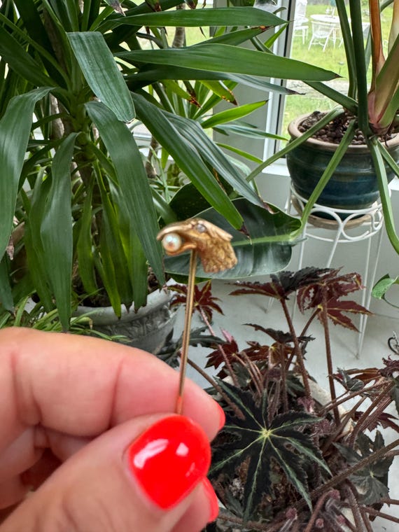 14k Gold Bird Stick Pin Antique Eagle Pearl Diamond - Gem