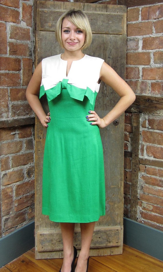 1960s Green Color block Dress linen 60s Dress White… - Gem