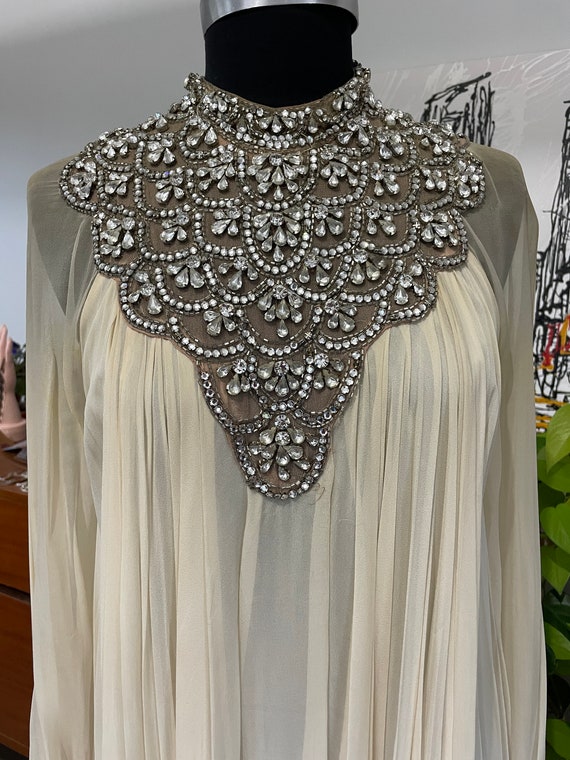 Alfred Bosand Cream Silk Chiffon Trapeze Gown Rhinest… - Gem