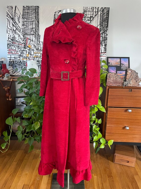 1960s Red Duster Coat opera - Ruffled Collar - Pocket… - Gem
