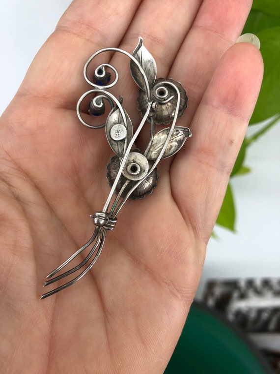 Harry Iskin Sterling Silver Spray Brooch - Blue Stone… - Gem