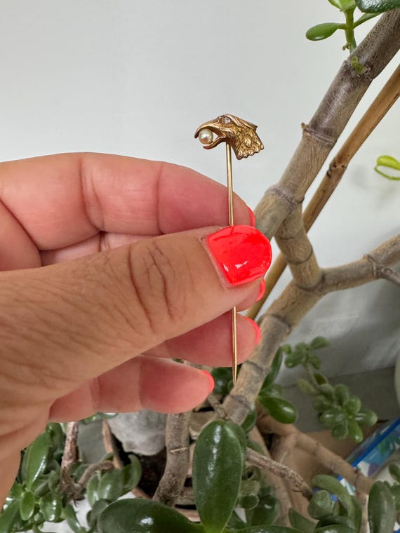 14k Gold Bird Stick Pin Antique Eagle Pearl Diamond - Gem