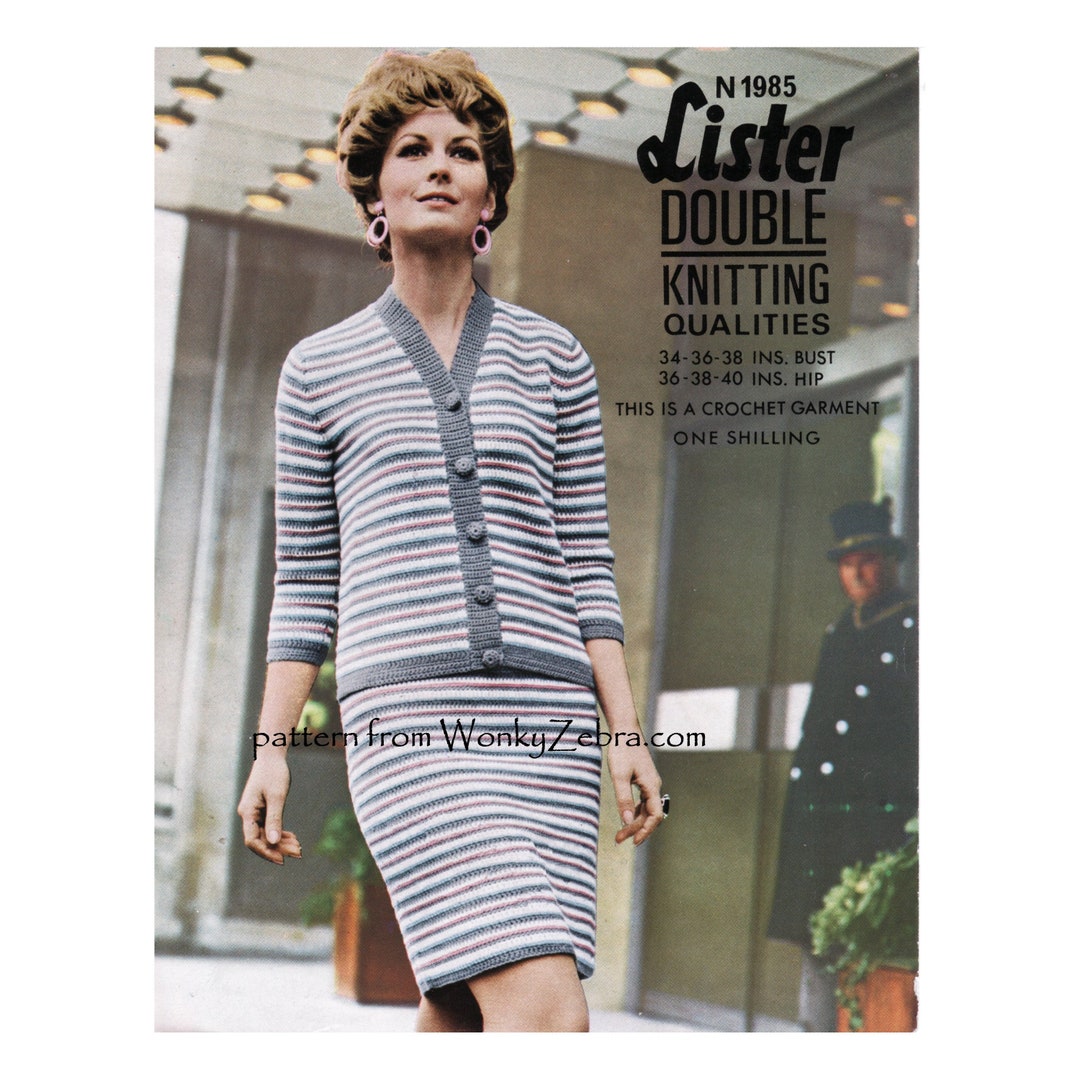 Vintage 60s Classic Crochet Suit Cardigan Jacket Pencil Skirt Crochet ...