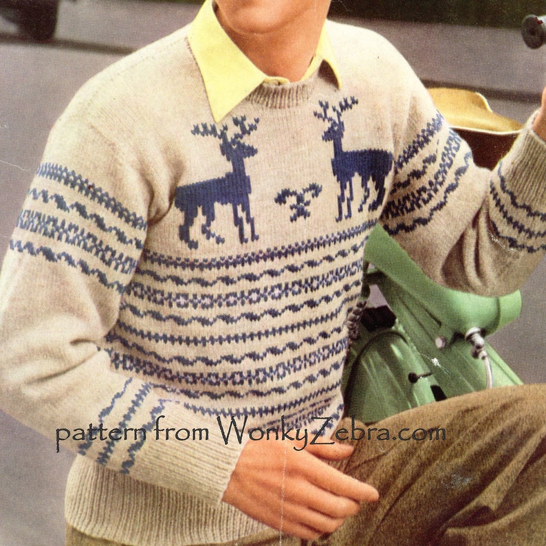 Reindeer Sweater Man's Vintage Knitting Pattern PDF 281 - Etsy UK
