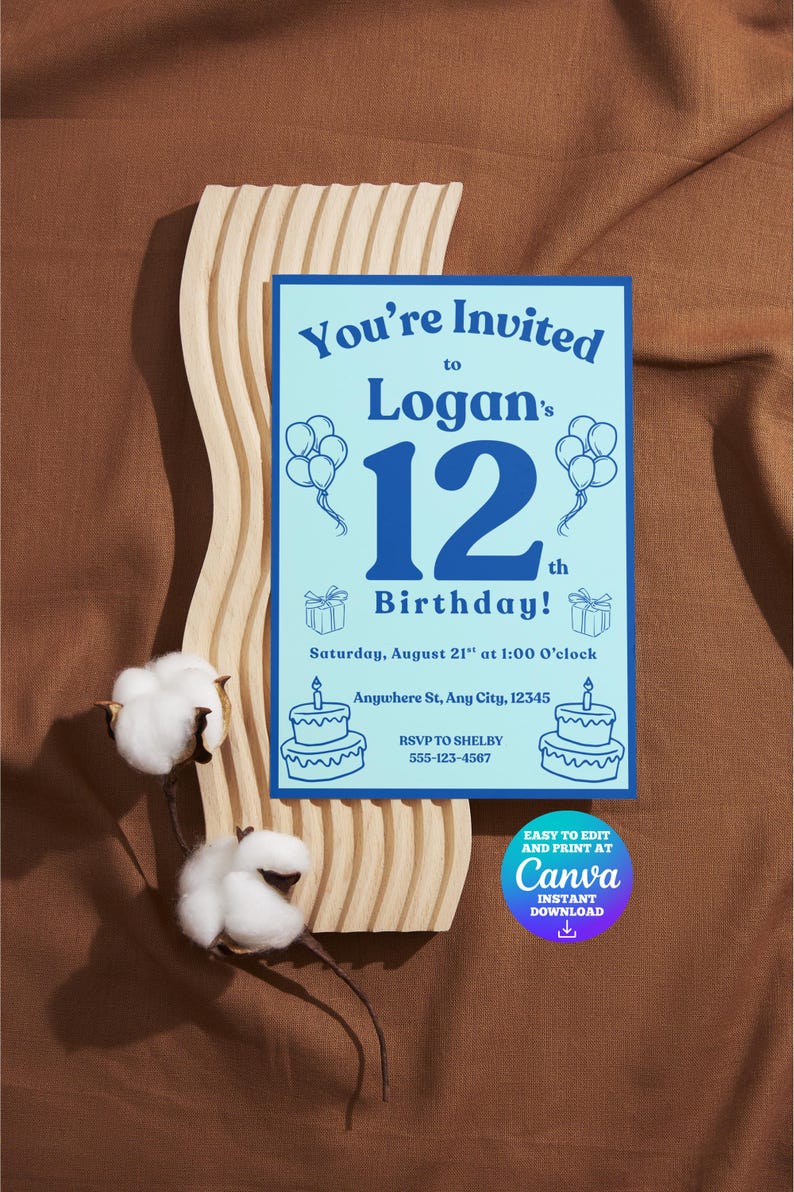 Editable Blue Birthday Invitation Template, Party Invite, Instant ...