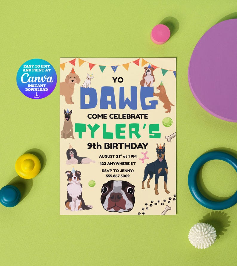 Editable Dog Birthday Invitation Template | Dog Themed Card | Digital ...