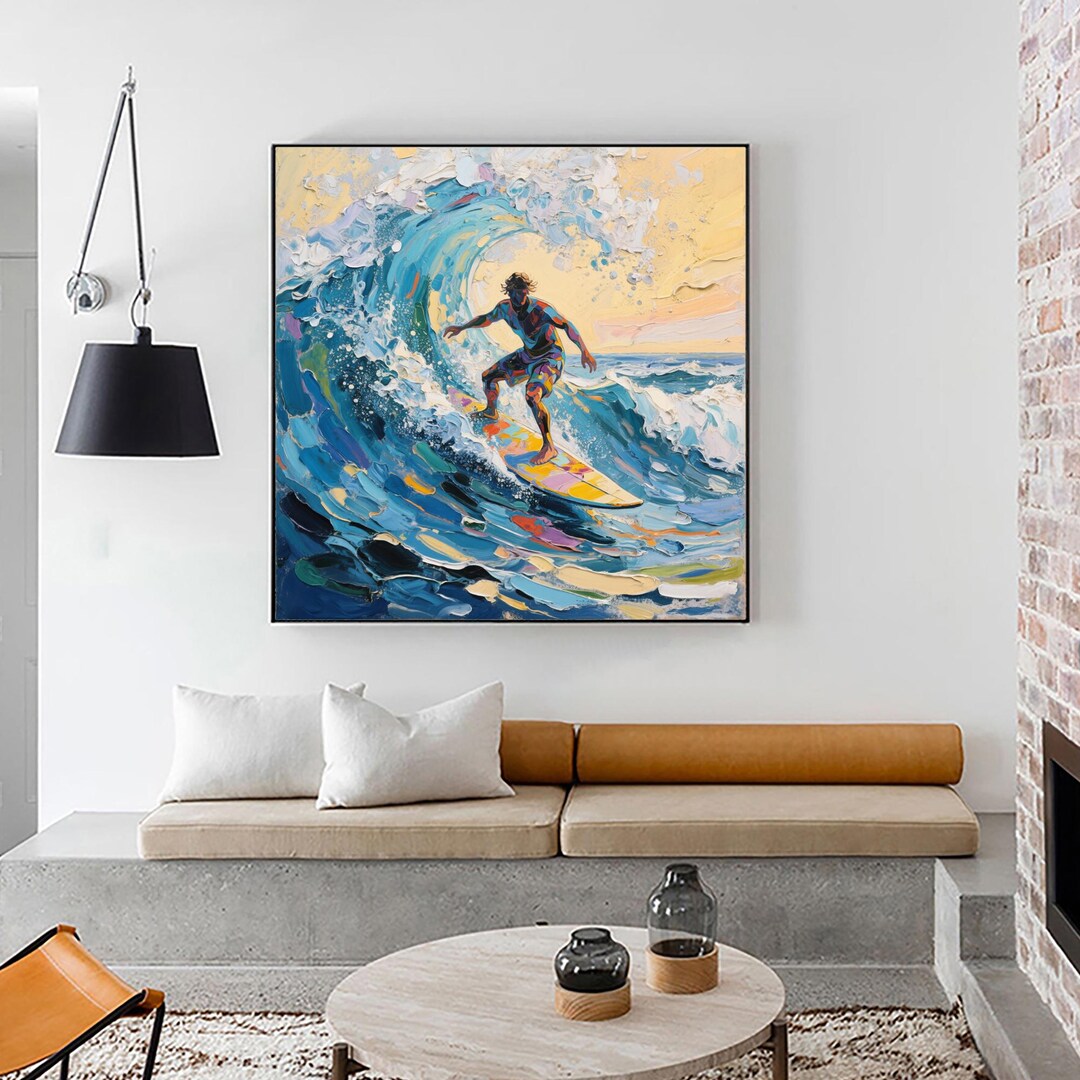Original Surfing Oil Painting, Blue Wave Action Wall Art, Hand Painted ...