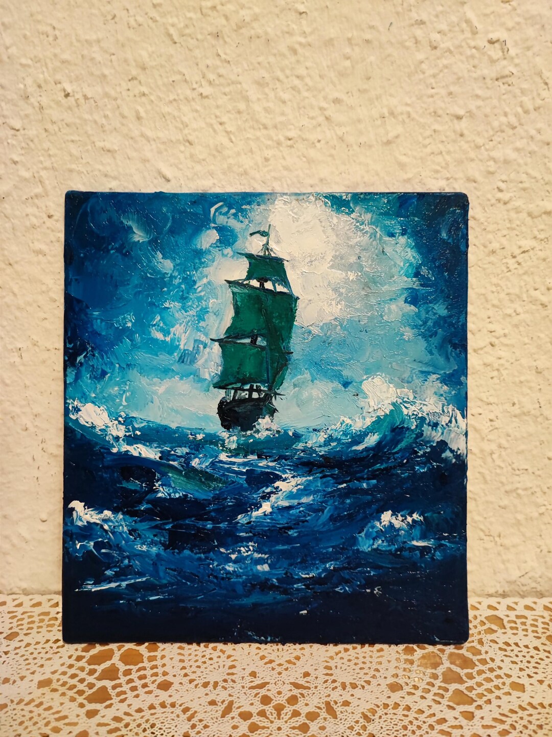 Green Sails Sailing Ship – Original Oil Seascape, Dramatic Ocean ...