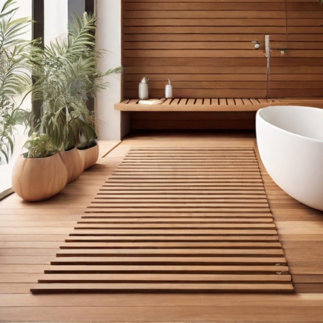 Teak Bathroom Mat, Eco-friendly Wooden Bath Mat, Non-slip Teak Rug ...