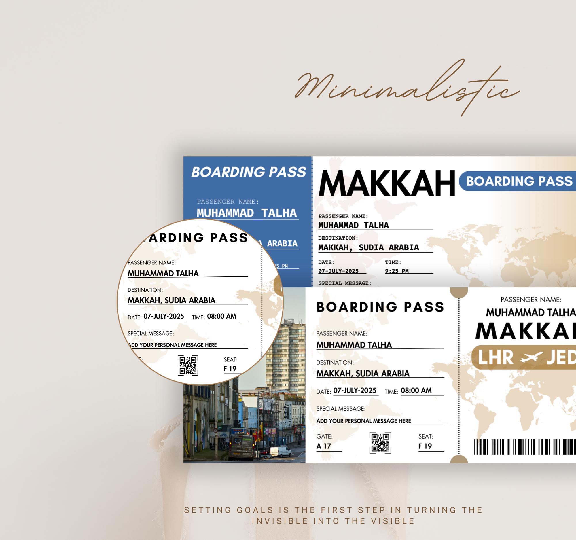 Boarding Pass and Ticket Template Makkah, Editable Travel Pass ...