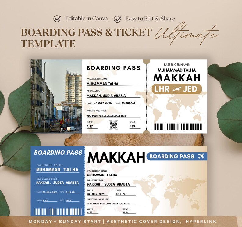 Boarding Pass and Ticket Template Makkah, Editable Travel Pass ...