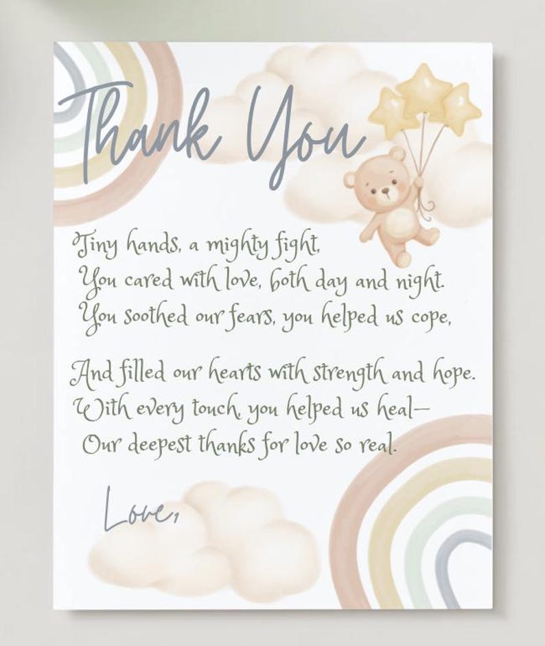 NICU Thank You Poem Printable | Baby Keepsake for Nurses, Staff ...