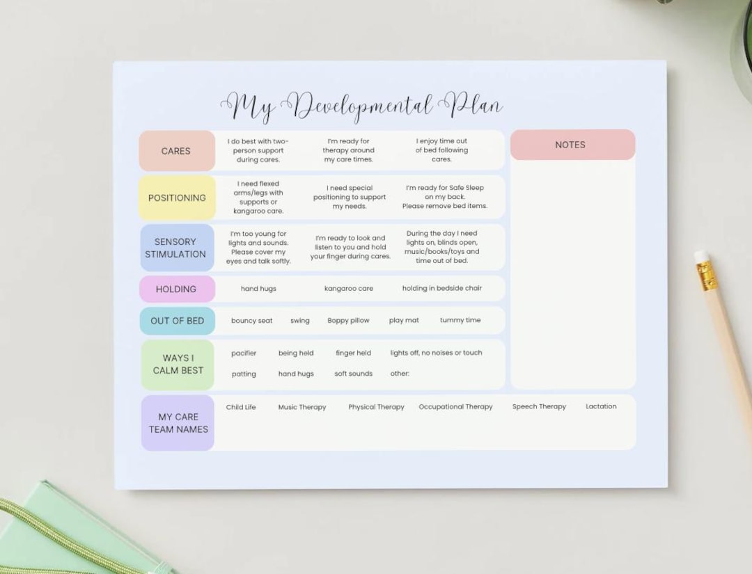 Printable NICU Developmental Care Plan | Preemie Bedside Chart | NICU ...