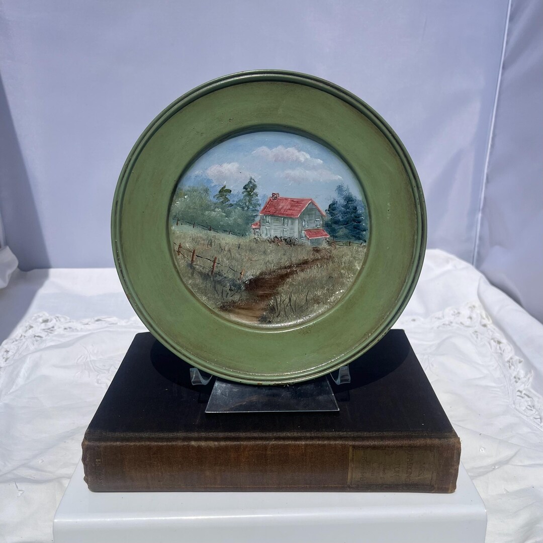 Vintage Hand-painted Green Metal Wall Plate With Farmhouse Scene ...