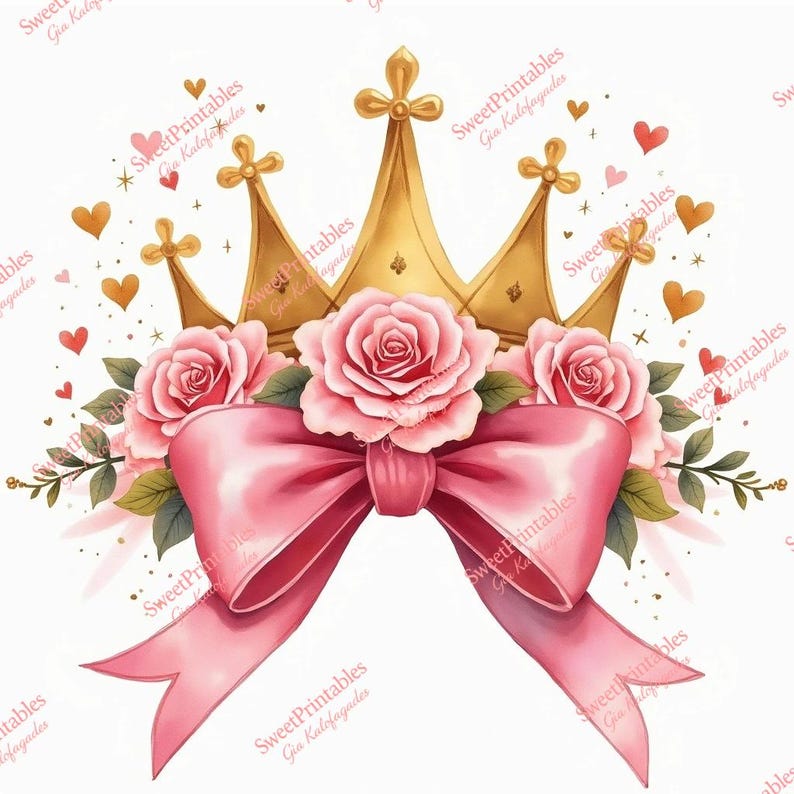 Princess Crowns & Bows – Royal Watercolor Clipart Set, Pink Girl Party ...