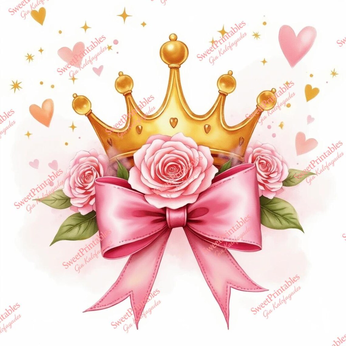 Princess Crowns & Bows – Royal Watercolor Clipart Set, Pink Girl Party ...