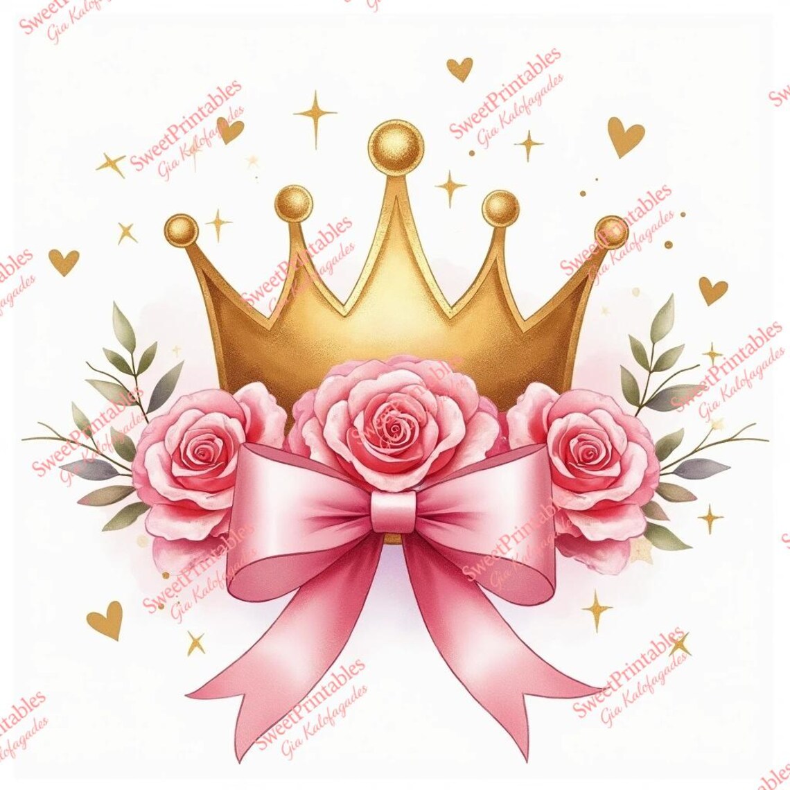 Princess Crowns & Bows – Royal Watercolor Clipart Set, Pink Girl Party ...
